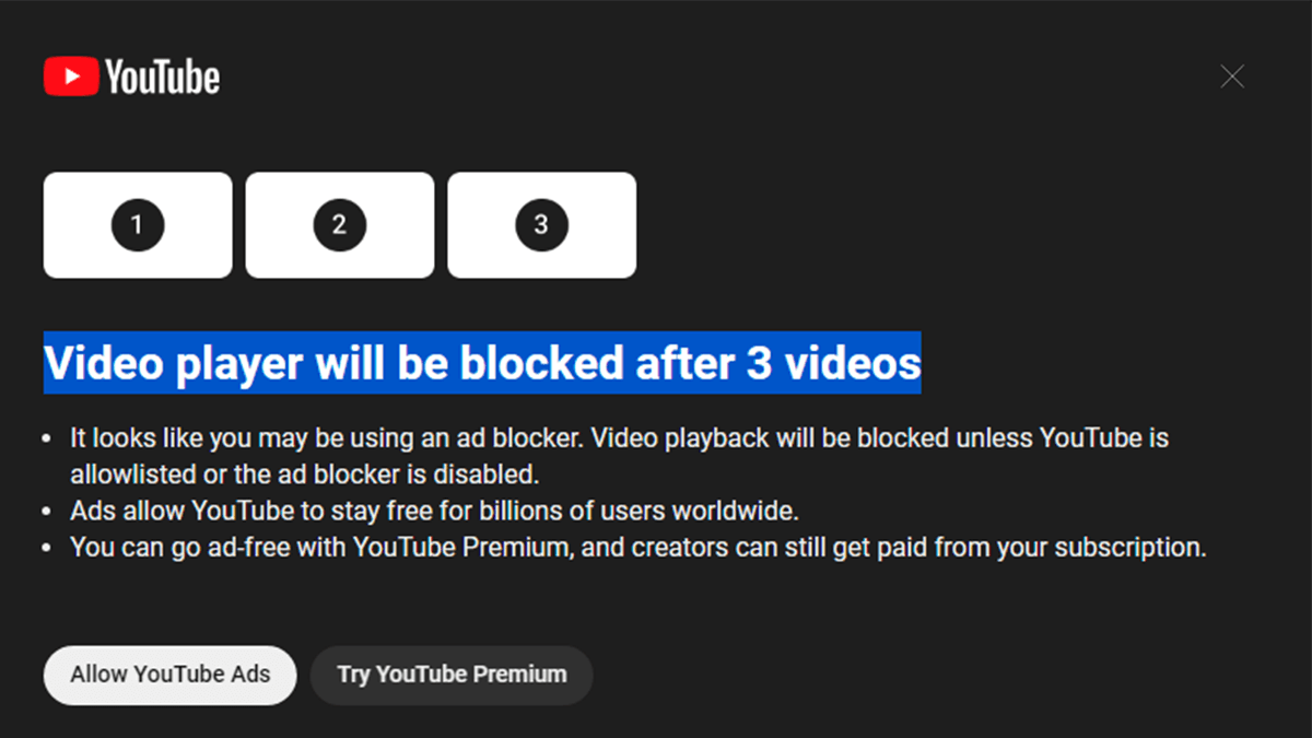 L'interdiction des bloqueurs de publicités sur YouTube a commencé