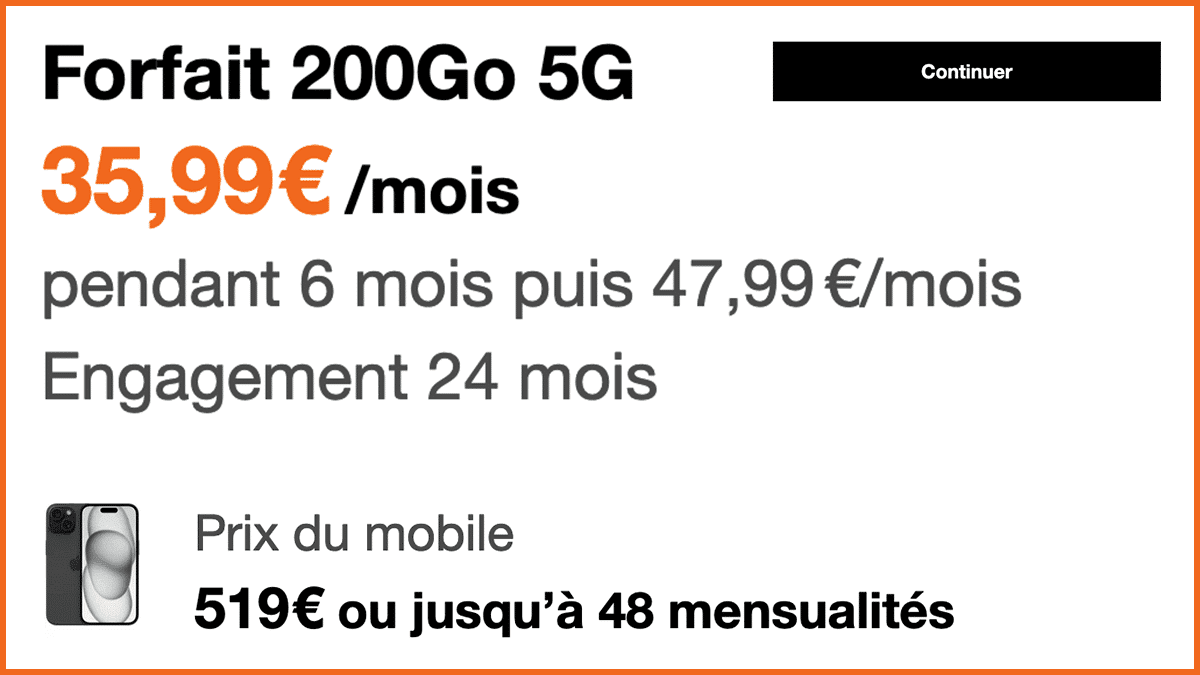 iPhone 15 disponible à 449€ avec le forfait à 35,99€ chez Orange