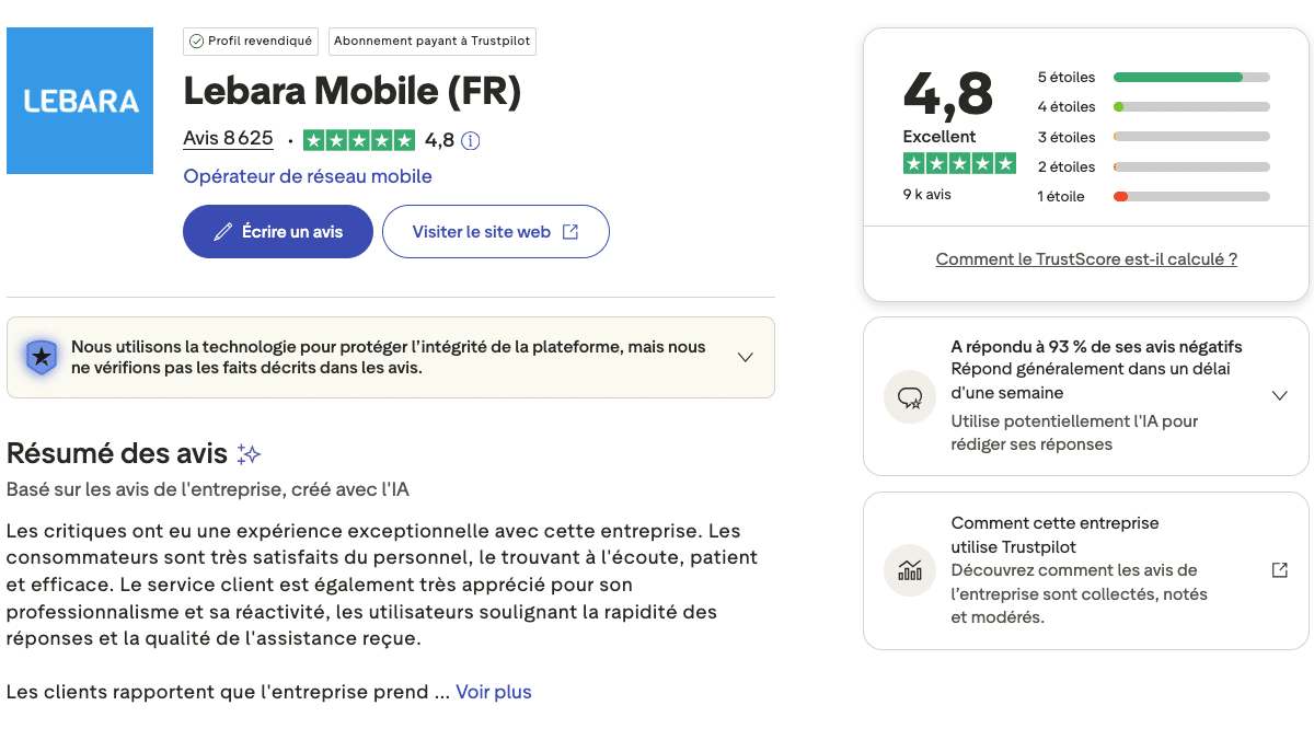 Lebara : numéro 1 des opérateurs mobiles d'après les clients (TrustPilot)